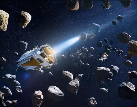 Spacecraft Maneuvering Through A Dense Asteroid Field Stock Illustration Illustration Of