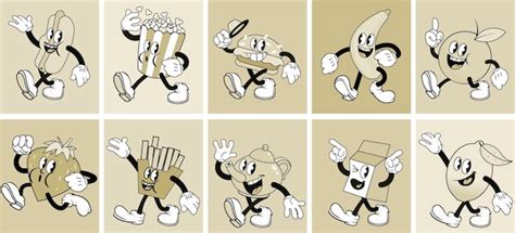 빈티지 재미 있는 만화 패스트 푸드 마스코트 플랫 문자 벡터 일러스트 레이 션의 집합 프리미엄 벡터