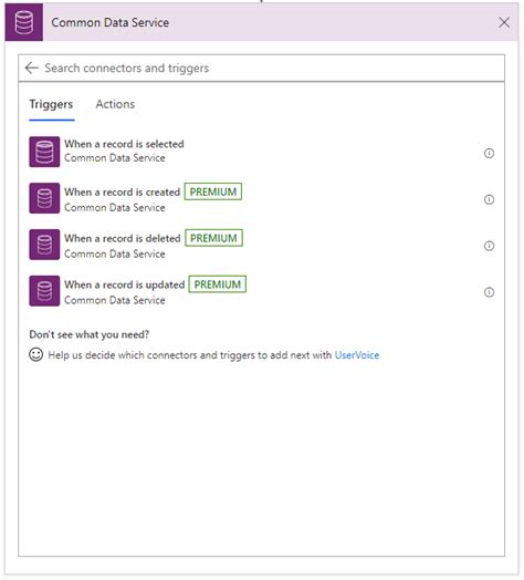 common data service actions and triggers available within power automate