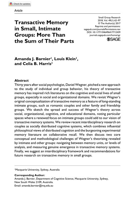 Pdf Transactive Memory In Small Intimate Groups More Than The Sum