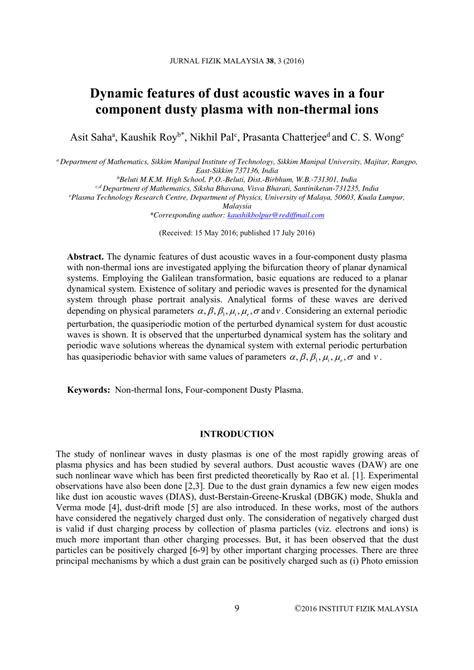 Pdf Dynamic Features Of Dust Acoustic Waves In A Four Component Dusty Plasma With Non Thermal Ions