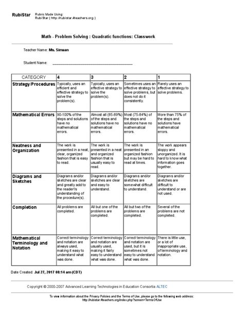Quadratics Rubric Pdf Teaching Mathematics Cognition