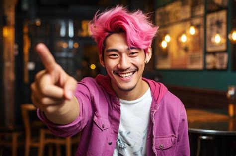 Premium Ai Image Asian Girl With Pink Hair And Piercing Pointing