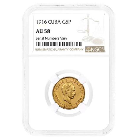 1916 5 Pesos Jose Marti Gold Coin Ngc Au 58 Us Mint