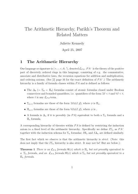 The Arithmetic Hierarchy Parikhs Theorem And Related Matters