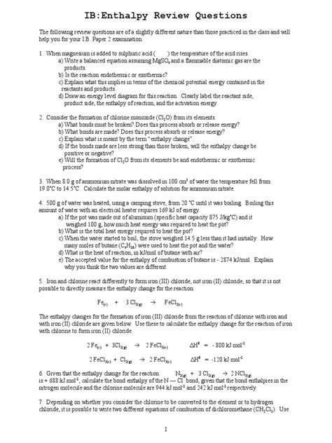 Enthalpy Review Questions Enthalpy Chemical Reactions Free 30 Day