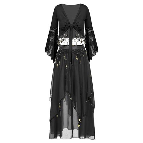 Alvivi Women Belly Dance Costume Crop Top Cardigan With Irregular Skirt
