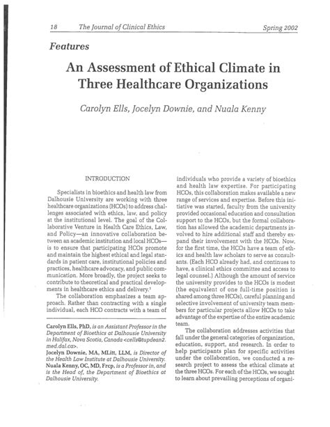 Pdf An Assessment Of Ethical Climate In Three Healthcare Organizations