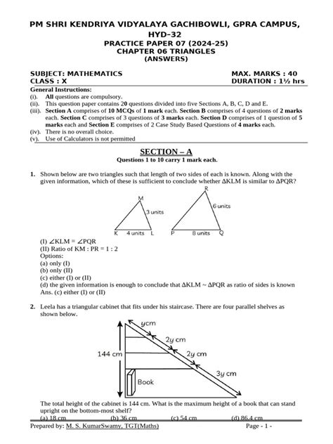 Maths Class X Chapter 06 Triangles Practice Paper 07 2024 Answers Pdf Triangle Euclidean