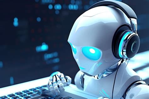 Premium Ai Image Robot Using A Laptop With Headphones On