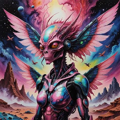 Portrait Of Aliens With Wings Flying On An Alien Planet They Are Tall