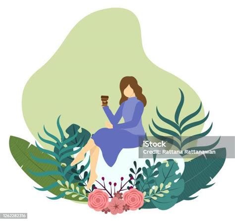 꽃과 잎 세트에 커피를 마시는 동안 갑판 커피 컵에 앉아 파란색 드레스에 여자의 벡터 세트 공휴일에 대한 스톡 벡터 아트 및