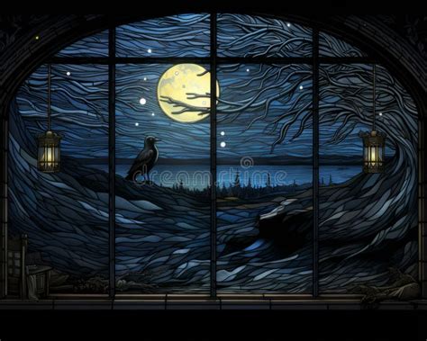 A Stained Glass Window With A View Of The Night Sky Stock Illustration