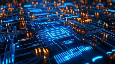 Glowing Blue And Orange Circuit Board With A Central Processor Stock Illustration Illustration