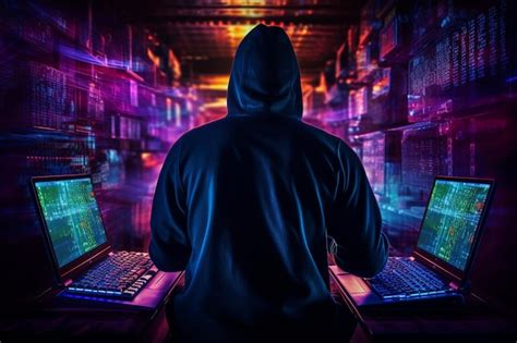 Cyber Attack With Unrecognizable Hooded Hacker Using Computer Premium Ai Generated Image