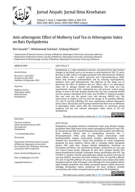 Pdf Anti Atherogenic Effect Of Mulberry Leaf Tea In Atherogenic Index On Rats Dyslipidemia