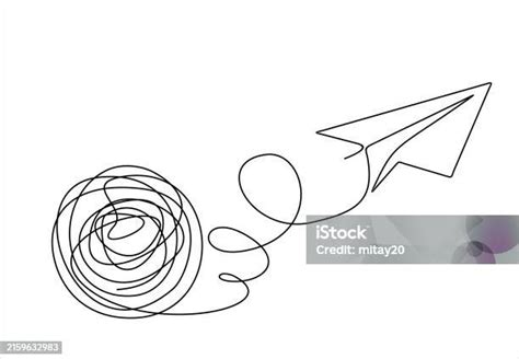 혼돈과 종이 비행기 추상 미니멀리스트 개념 벡터 일러스트 레이 션 무질서한 어려운 문제의 은유는 해결책을 찾았고 풀어야 할 하나의 연속적인 얽힌 실로 엉망이 되었습니다 라인