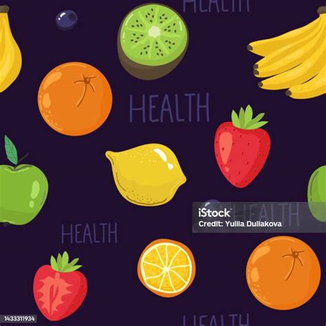 흰색에 다양한 열대 과일이있는 완벽한 배경 레몬 딸기 키위 바나나 오렌지 사과 벡터 과일 패턴 0명에 대한 스톡 벡터 아트 및 기타 이미지 Istock