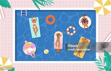 수영장 파티 평면도 팽창식 매트리스와 서클에서 수영하는 사람들 물에 고무 링 십대 수영과 휴식 아늑하게 벡터 장면 여름에 대한 스톡 벡터 아트 및 기타 이미지 Istock