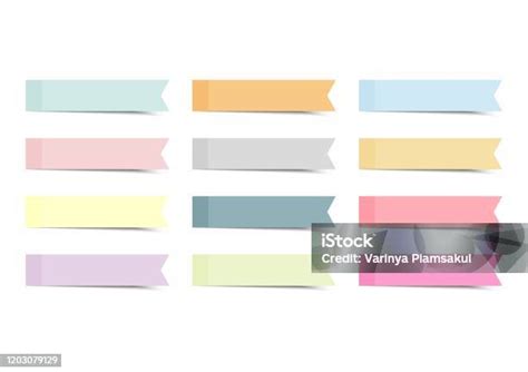 그림자와 보드에 설정 파스텔 스티커 리본 인덱스 종이 포스트 노트 벡터 일러스트 노랑에 대한 스톡 벡터 아트 및 기타 이미지