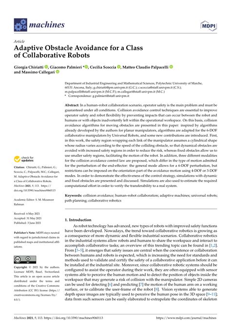 Pdf Adaptive Obstacle Avoidance For A Class Of Collaborative Robots