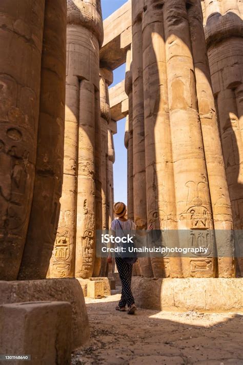 이집트 룩소르 사원 기둥에 있는 고대 이집트 그림을 바라보는 흰색 티셔츠와 모자를 쓴 젊은 관광객 룩소르 신전에 대한 스톡 사진 및 기타 이미지 Istock