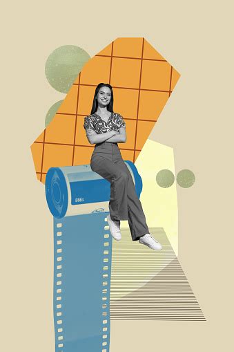 수직 스케치 3d 아트웍 콜라주 포스터 행복한 소녀 앉아 복고풍 배터리 사진 카메라 테이프 빈티지 사진 세트 간부 파파라치 취미