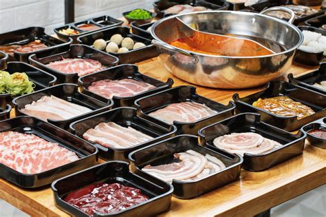 Set Of Shabu Shabu In Hot Pot Fresh Sliced Meat Sea Food And