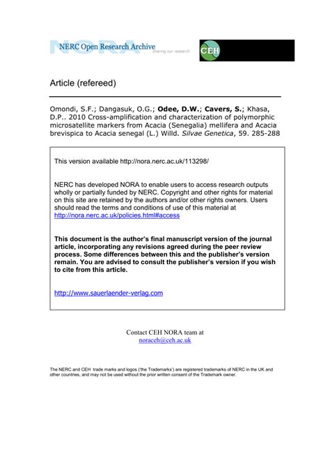 Pdf Cross Amplification And Characterization Of Polymorphic Microsatellite Markers From Acacia