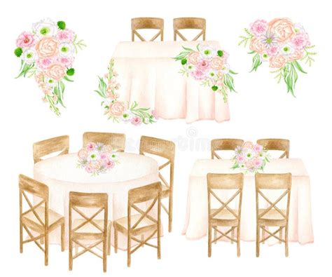Wedding Reception Illustration Set Watercolor Flower Bouquets Head