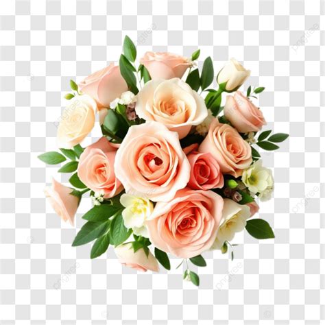 우아한 꽃다발 파스텔 장미 복숭아색과 크림색 원형 배열 섬세한 꽃잎 무성한 녹색 잎 소프트 포커스 하이키 조명 흰색 배경 꽃 사진 낭만적인 미학 결혼 영감 전문 꽃집 디자인