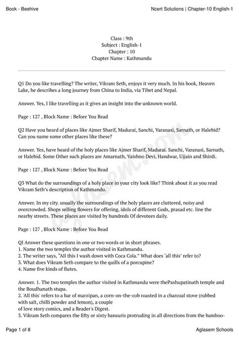 Ncert Solutions 2025 Class 9 English Chapter 8 Kathmandu A Slumber Did My Spirit Seal