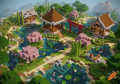 Overhead View Of A Blocky Minecraft Fantasy Japanese Garden With A