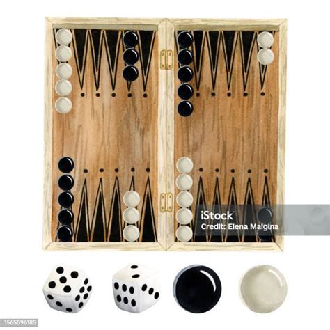 깍둑썰기들이 있는 수채화 나무 주사위 놀이 보드와 블랙 화이트 칩은 테이블 게임 시작 위치를 위해 고립된 일러스트레이션을 플레이한다 가능성에 대한 스톡 벡터 아트 및 기타