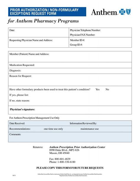 Anthem Prior Authorization Non Formulary Exceptions Request Forms