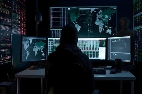 Premium Ai Image Hooded Hacker In Front Of Computer Monitors In Dark