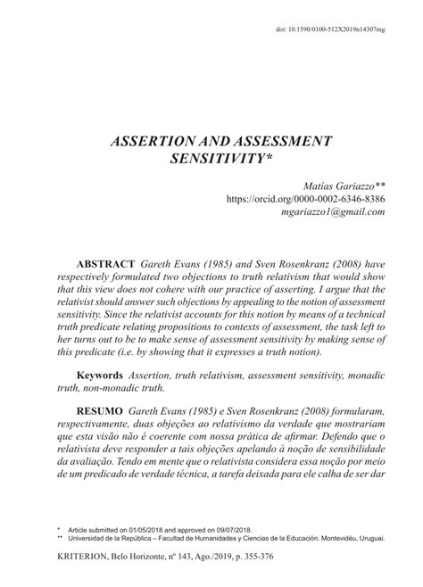 Pdf Assertion And Assessment Sensitivity
