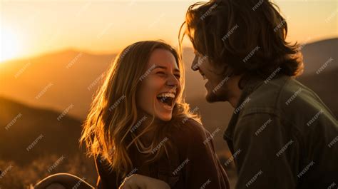 Una Pareja Riendo Mientras Miran Una Puesta De Sol Imágenes De Salud Mental Ilustración