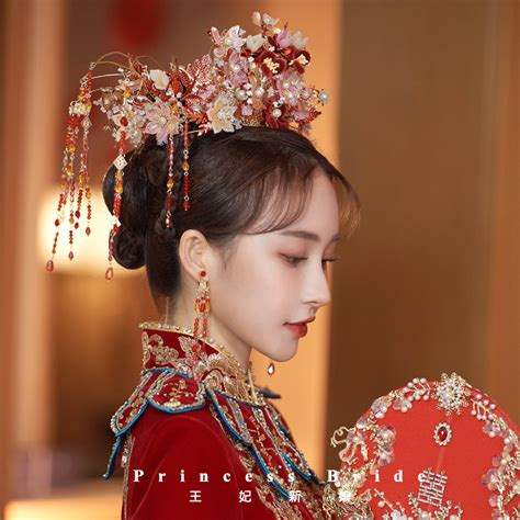 中式新娘凤冠头饰红色古风绒花琉璃古典汉服配饰品结婚秀禾服发饰 虎窝淘