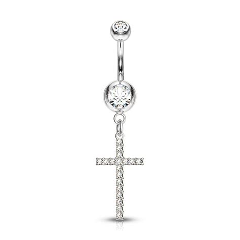 14 Gauge Dangling Silver Cross Belly Button Ring Cherry Diva