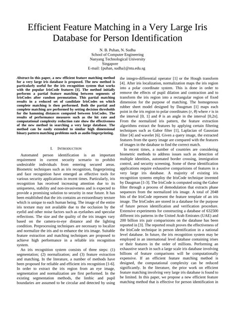 Pdf Efficient Feature Matching In A Very Large Iris Database For Person Identification
