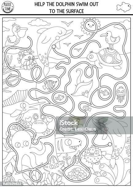 바다 아래 흑백 미로는 해양 풍경 물고기 펠리컨 문어가 있는 아이들을 위한 것입니다 오션 라인 유치원 활동 물 미로 게임 색칠