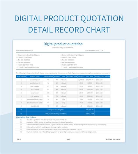 Digital Product Quotation Detail Record Chart Excel Template And Google Sheets File For Free