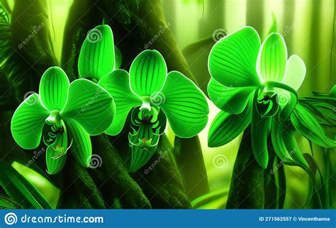 Green Orchids On A Tree In The Rainforest Generative Al Illustration