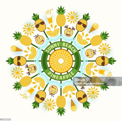 파인애플 과일 아이스크림 주스 태양 간단한 기하학적 스타일의 이모티콘으로 둥근 장식 써니 해변의 양식화 식품 포장 표지 디자인 장식 인쇄 배경 장식에 좋습니다 0명에 대한