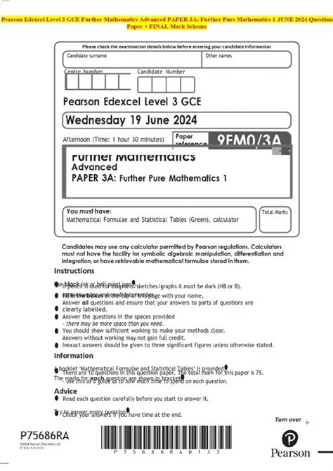 Pearson Edexcel Level 3 Gce Further Mathematics Advanced Paper 3a Further Pure Mathematics 1