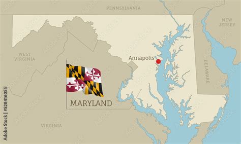 Map Of Maryland Usa Federal State With Waving Flag Highly Detailed