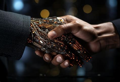 Premium Photo Robot And Man Hands In Handshake Ai Technology Development And Human Robot