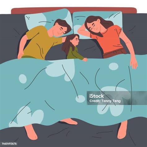 담요 아래 침대에서 자고 있는 가족 침대에서 쉬고 있는 아이와 커플 잠든 캐릭터는 흰색 배경에 평면 벡터 삽화를 격리했다 가정의 방에 대한 스톡 벡터 아트 및 기타 이미지