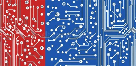 Digital Artwork Featuring An Abstract Circuit Board With A Blue And Red Split Design Stock Image